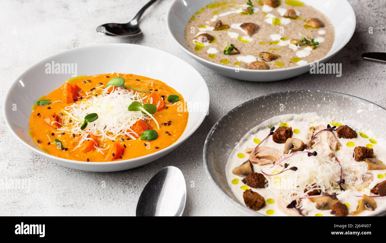 Soup Assortment. Set of various seasonal vegetable soups and organic ...