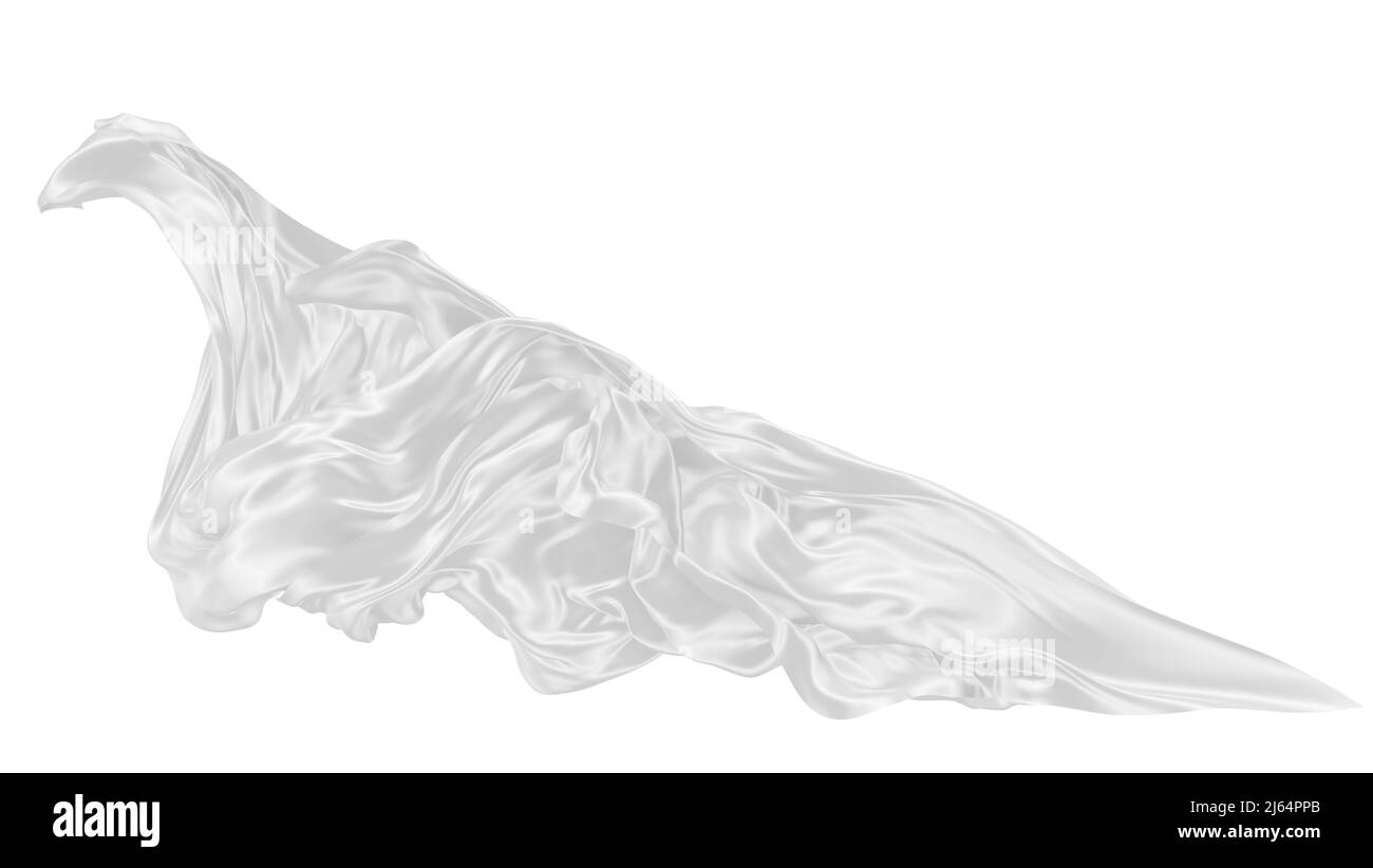 Beautiful flowing cloth flying in the wind. White wavy silk or satin ...