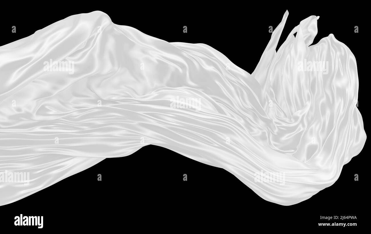Beautiful flowing cloth flying in the wind. White wavy silk or satin ...