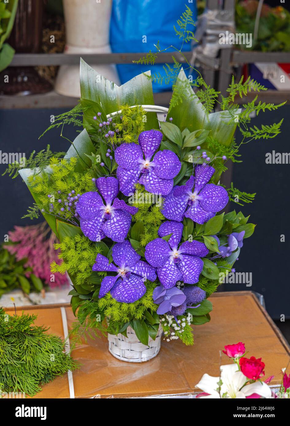 Purple Flowers Violet Bouquet Natural Arrangement at Table Stock Photo ...