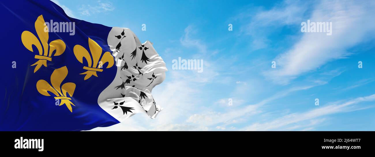 flag of Brest , France at cloudy sky background on sunset, panoramic view. French travel and ...