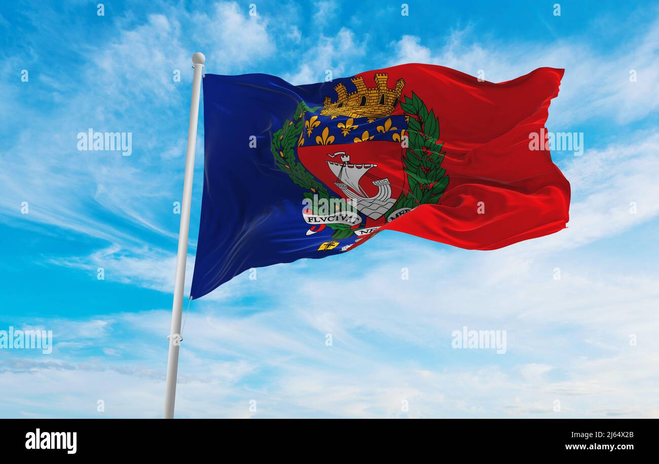 flag of Paris with coat of arms, France at cloudy sky background on ...