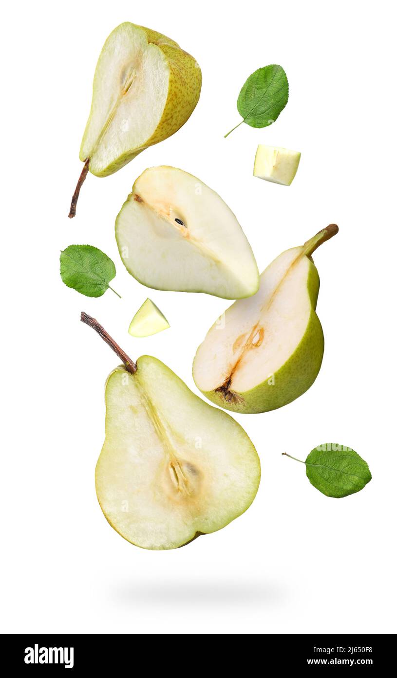 Falling cut pears isolated on white Stock Photo - Alamy