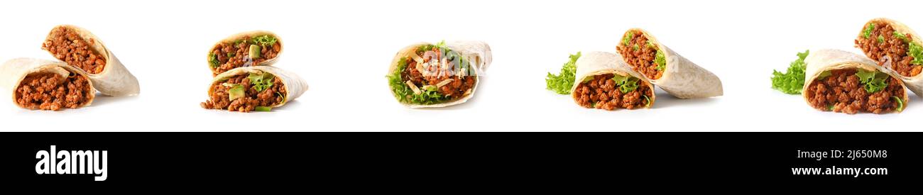 Set of tasty Mexican burritos on white background Stock Photo - Alamy