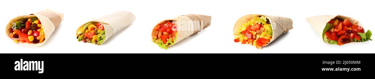 Set of tasty Mexican burritos on white background Stock Photo - Alamy