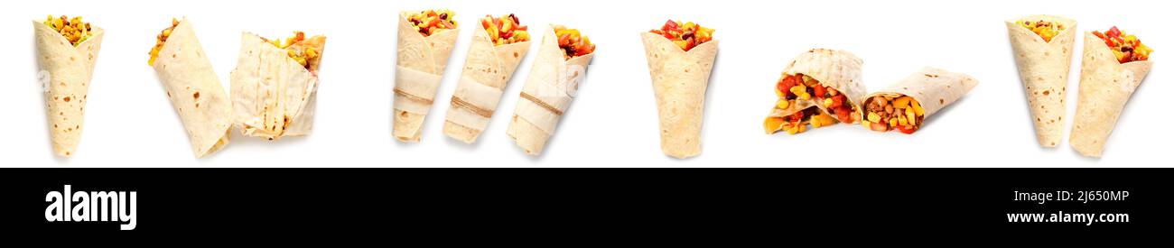 Set of tasty Mexican burritos on white background Stock Photo - Alamy