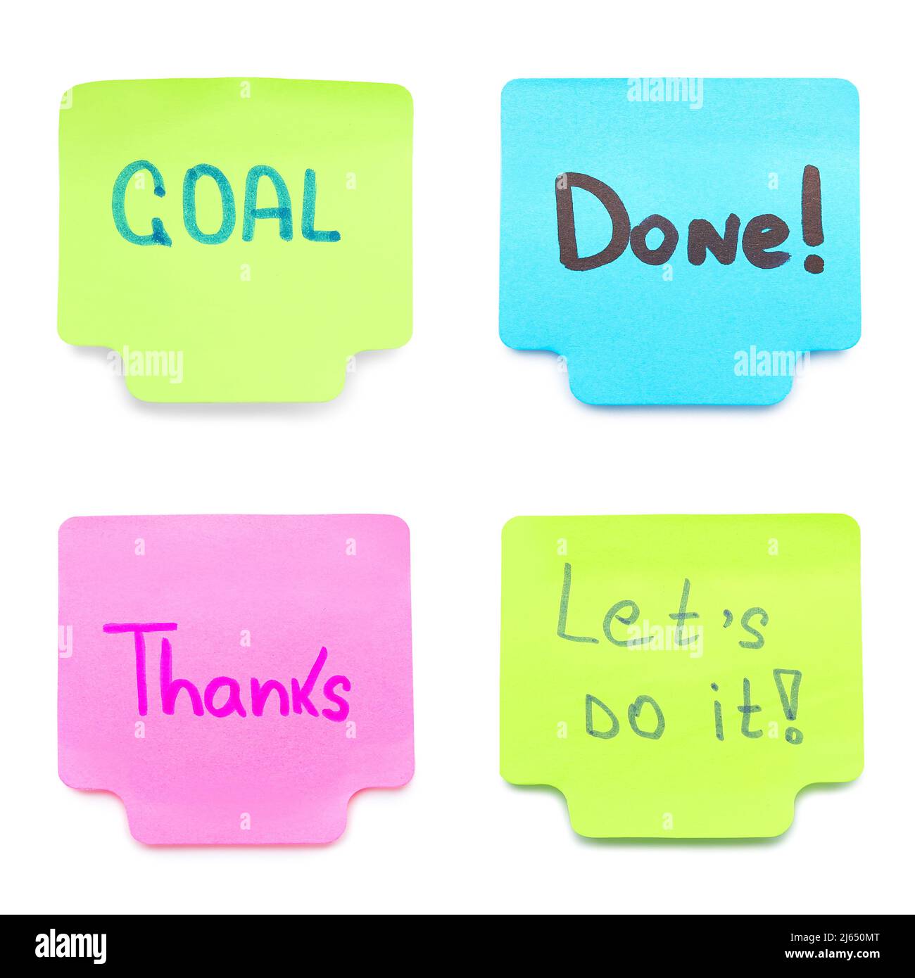 Colorful sticky notes with inscriptions isolated on white, top view ...