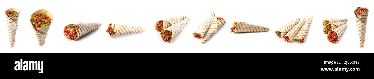 Set of tasty Mexican burritos on white background Stock Photo - Alamy