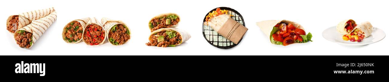 Set of tasty Mexican burritos on white background Stock Photo - Alamy
