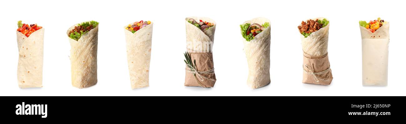 Set of tasty Mexican burritos on white background Stock Photo - Alamy