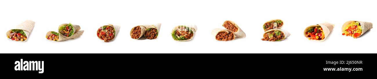 Set of tasty Mexican burritos on white background Stock Photo - Alamy