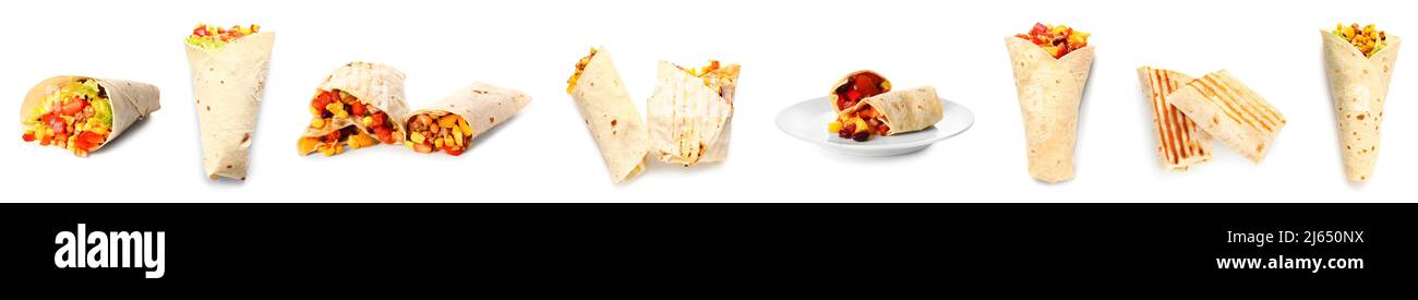 Set of tasty Mexican burritos on white background Stock Photo - Alamy