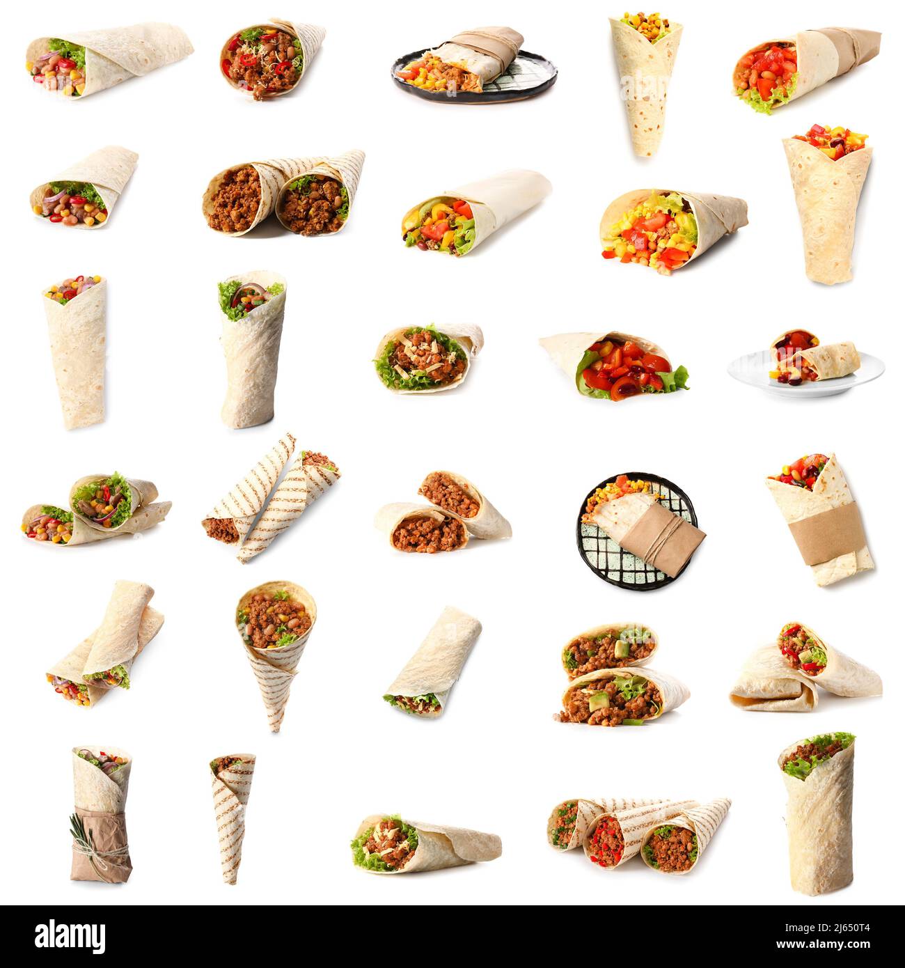 Set of tasty Mexican burritos on white background Stock Photo - Alamy
