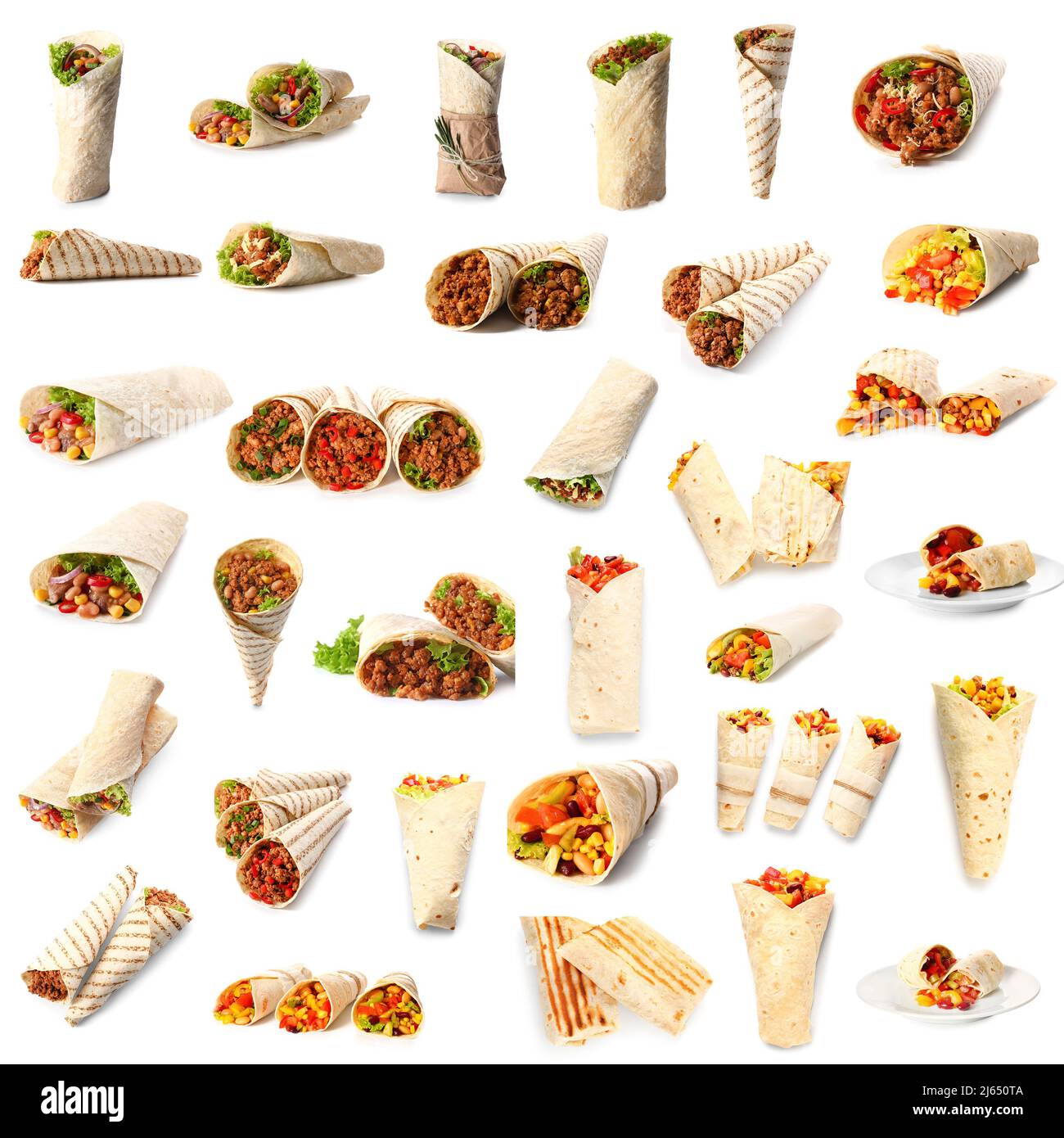 Set of tasty Mexican burritos on white background Stock Photo - Alamy