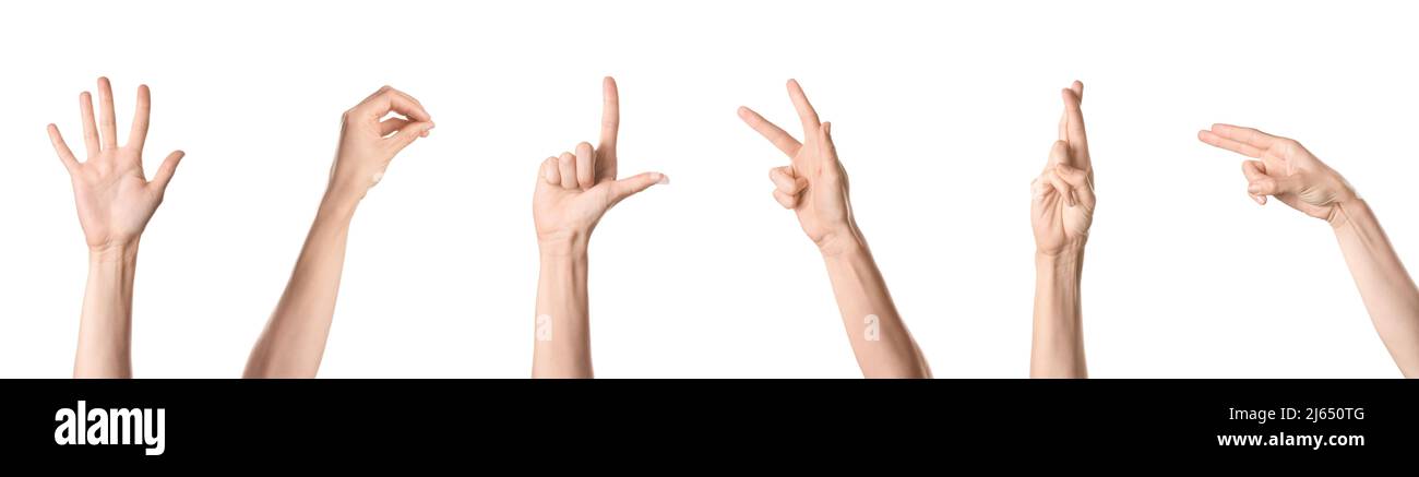 Hands showing different letters on white background. Sign language ...