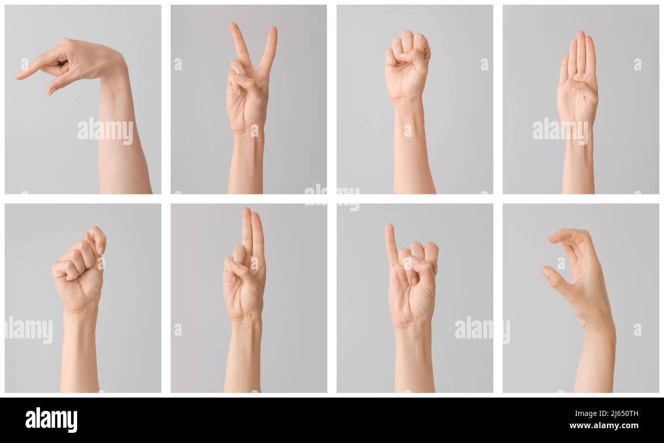 Hands showing different letters on grey background. Sign language ...