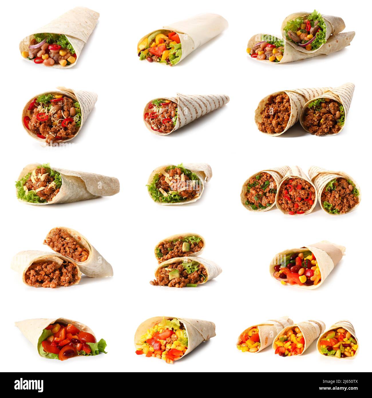 Set of tasty Mexican burritos on white background Stock Photo - Alamy