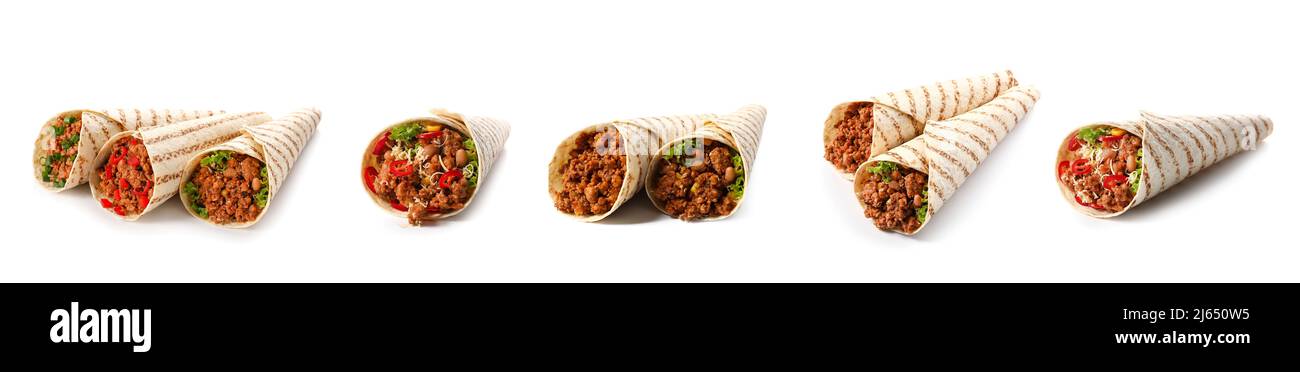 Set of tasty Mexican burritos on white background Stock Photo - Alamy