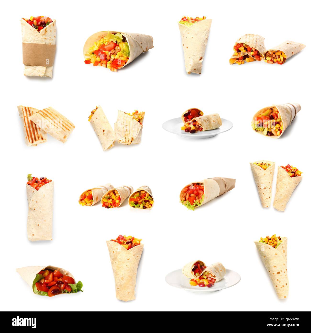 Set of tasty Mexican burritos on white background Stock Photo - Alamy
