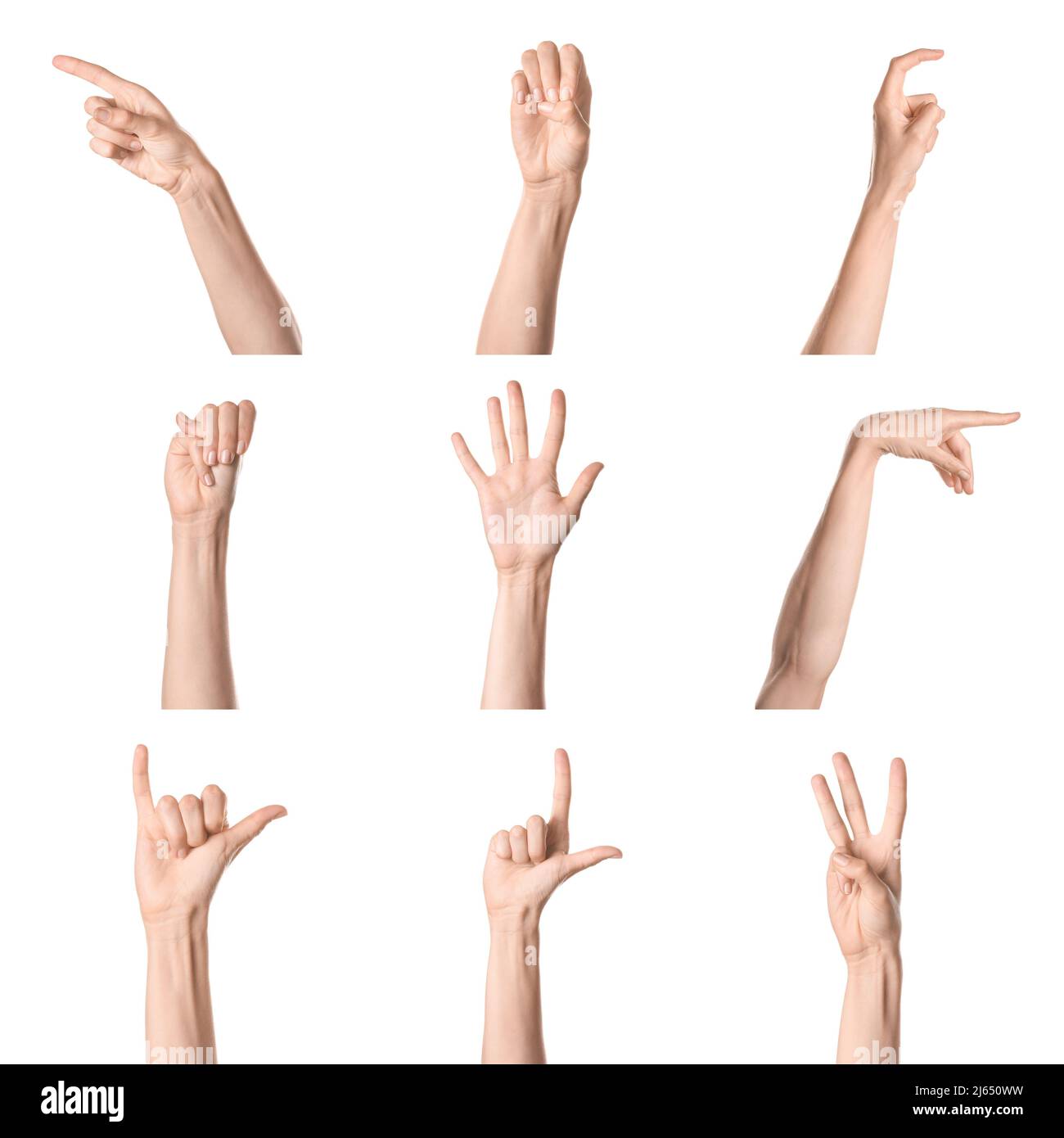 Hands showing different letters on white background. Sign language ...