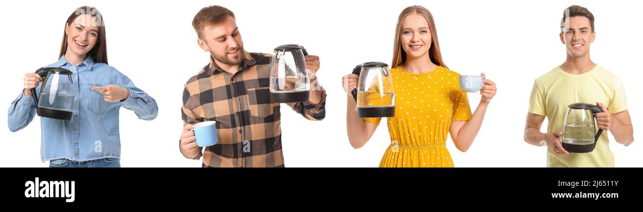 Set of different people with kettles isolated on white Stock Photo - Alamy