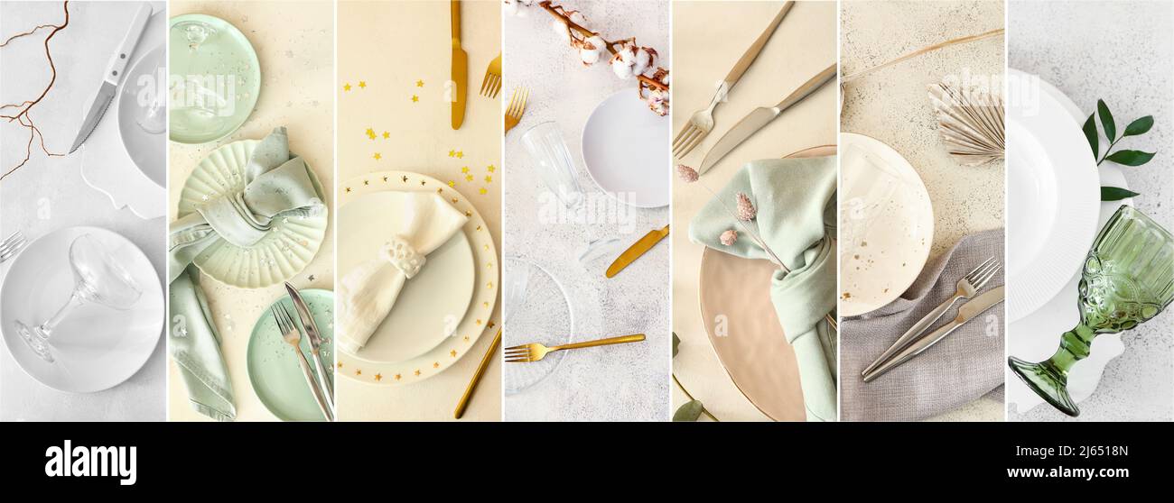 Set of beautiful table settings on light background, top view Stock ...