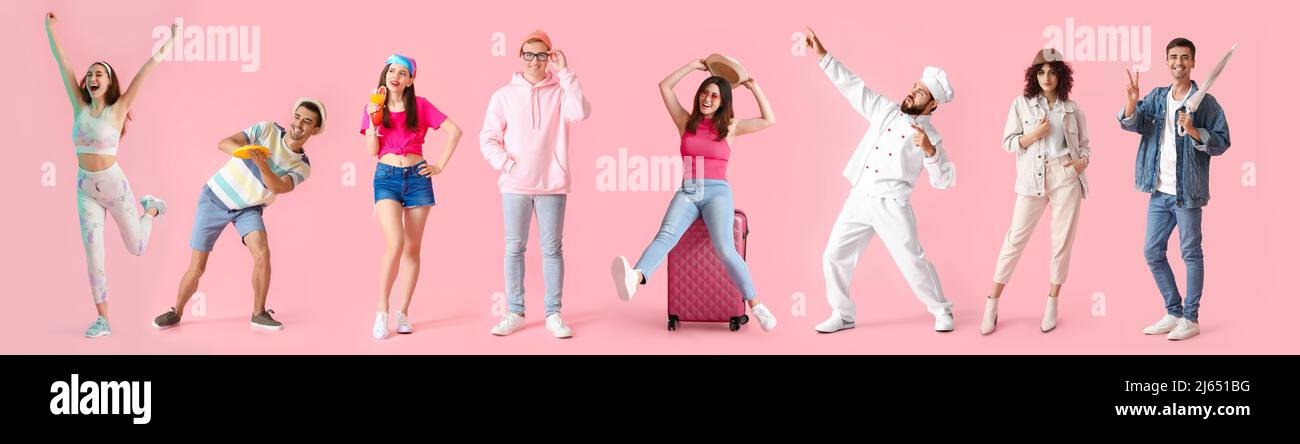 Set of different happy people on pink background Stock Photo - Alamy