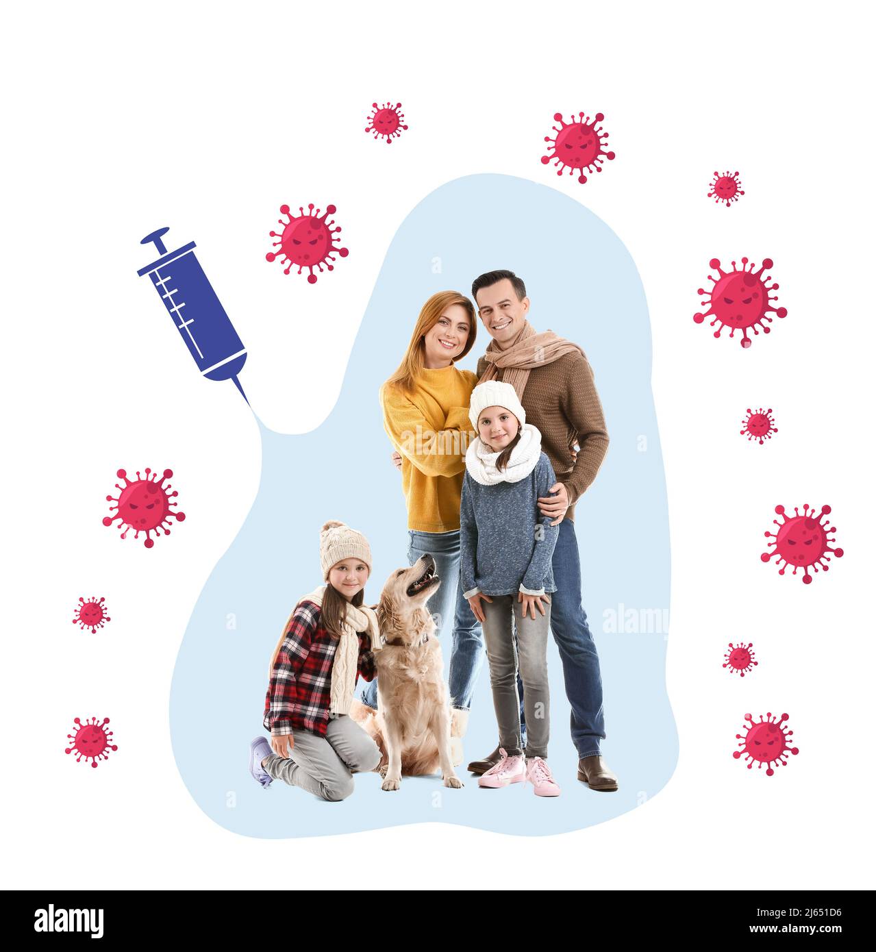 Healthy family, drawn syringe and viruses on white background. Concept ...