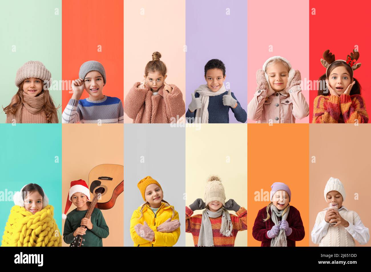 Collage with many children in winter clothes on colorful background ...