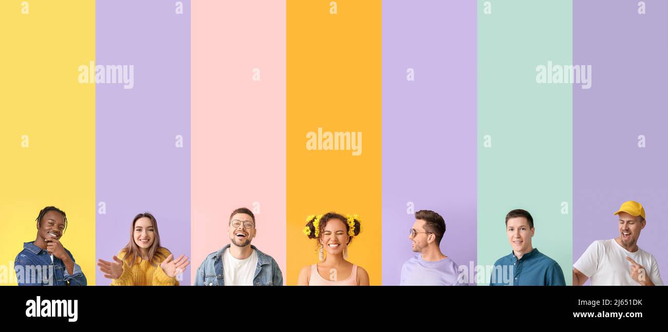 Collage with many happy people on colorful background with space for ...