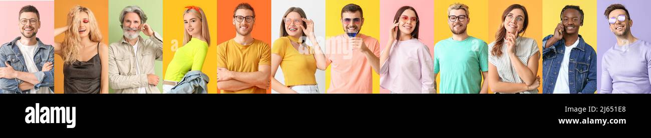 Collage with many happy people on colorful background Stock Photo - Alamy