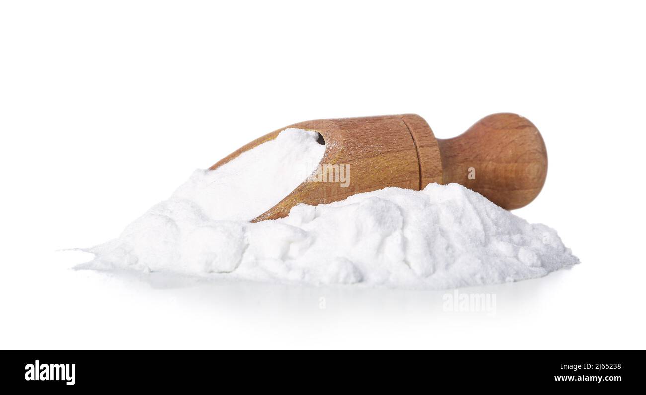 Pile of baking soda and scoop on white background Stock Photo - Alamy