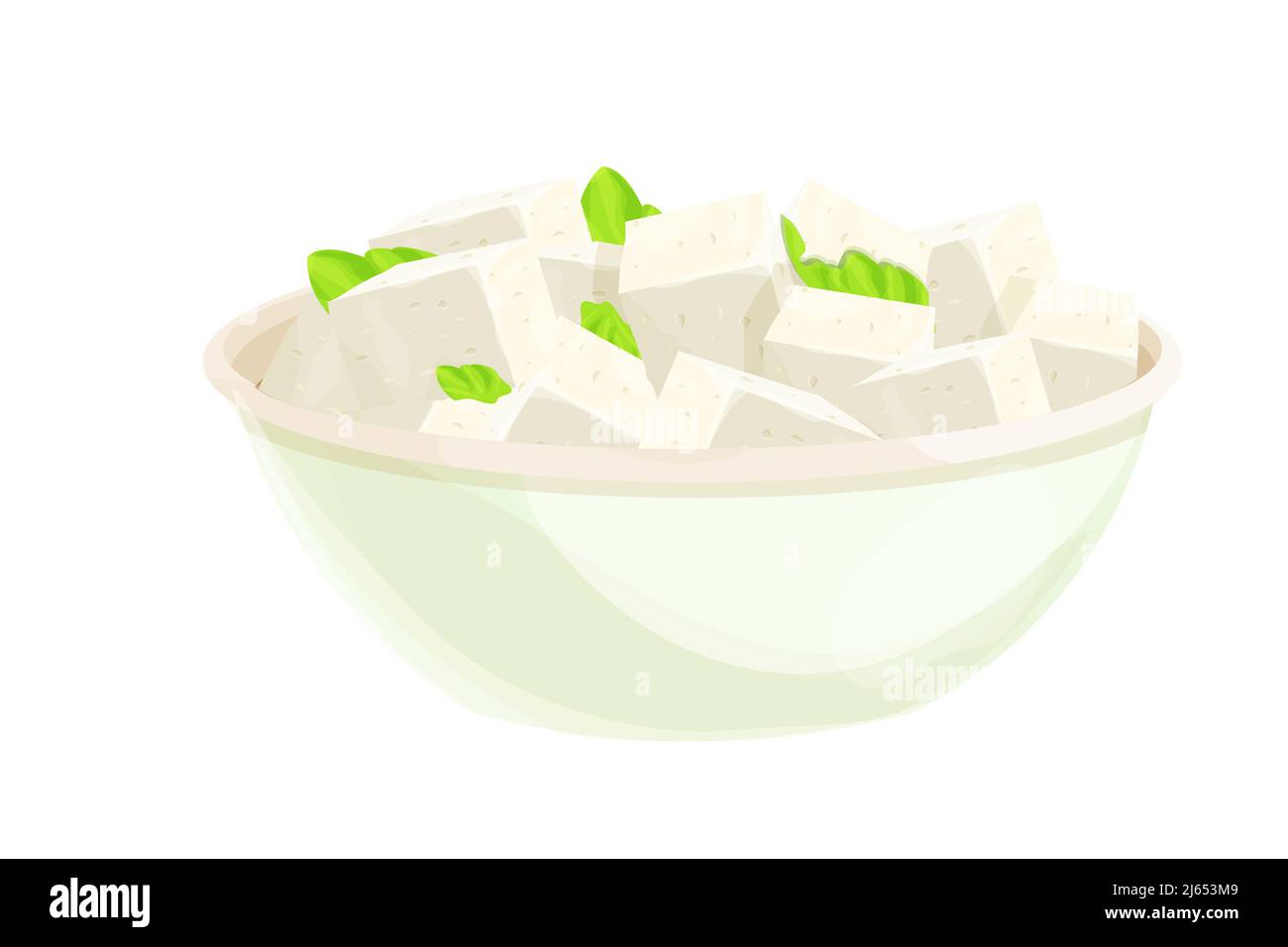 Feta cheese pieces in bowl in cartoon style detailed ingredient ...