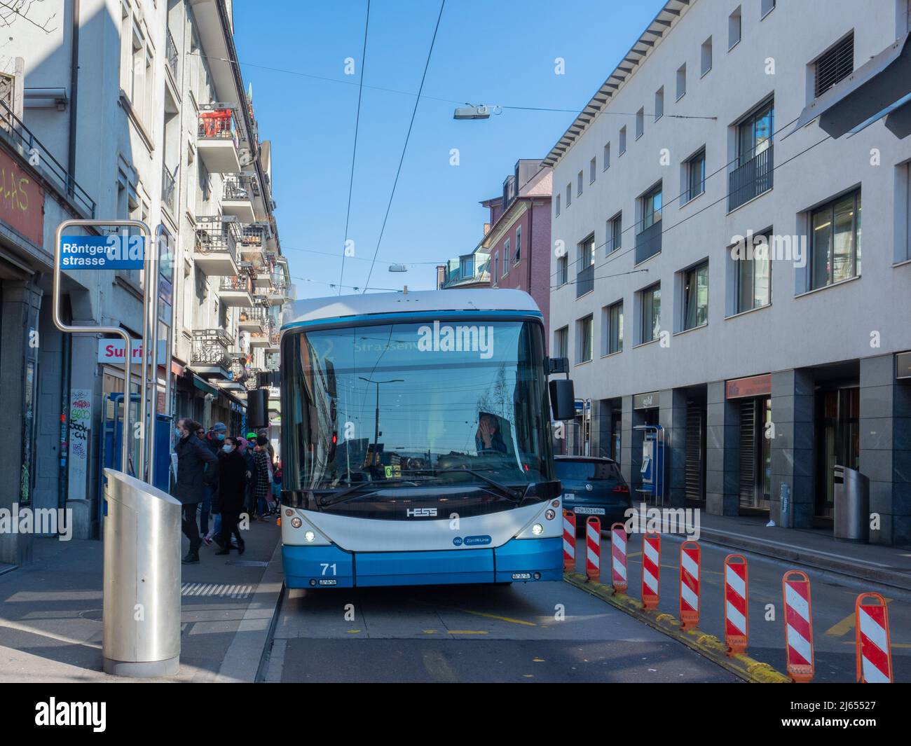 Zurich, Switzerland - March 5th 2022: A modern trolley bus stopping at ...