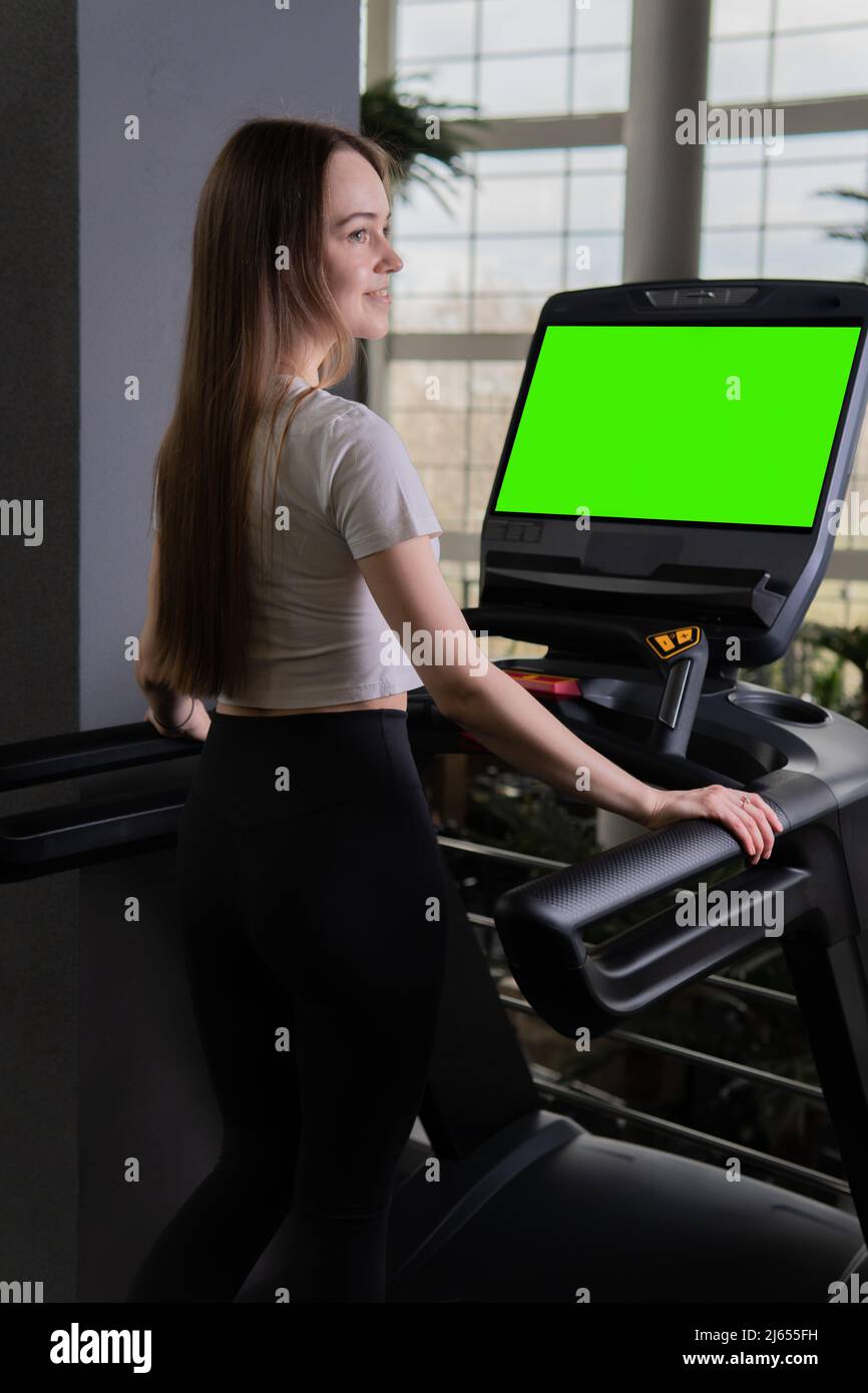 Woman young treadmill indoors length profile full exercise sport, for ...