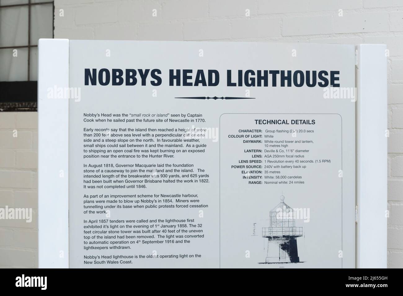 A sign explaining the history of Nobbys Lighthouse, located at the ...