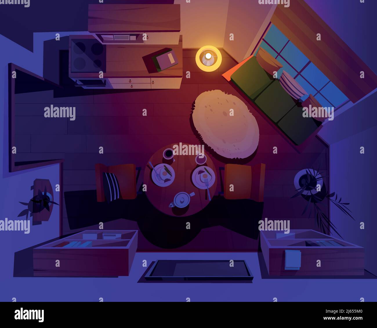 Night living or dining room interior top view. Dark home apartment with ...