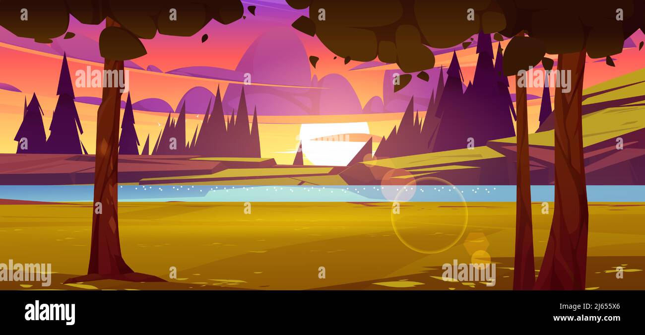 Sunset nature landscape, cartoon background trees and river at evening ...