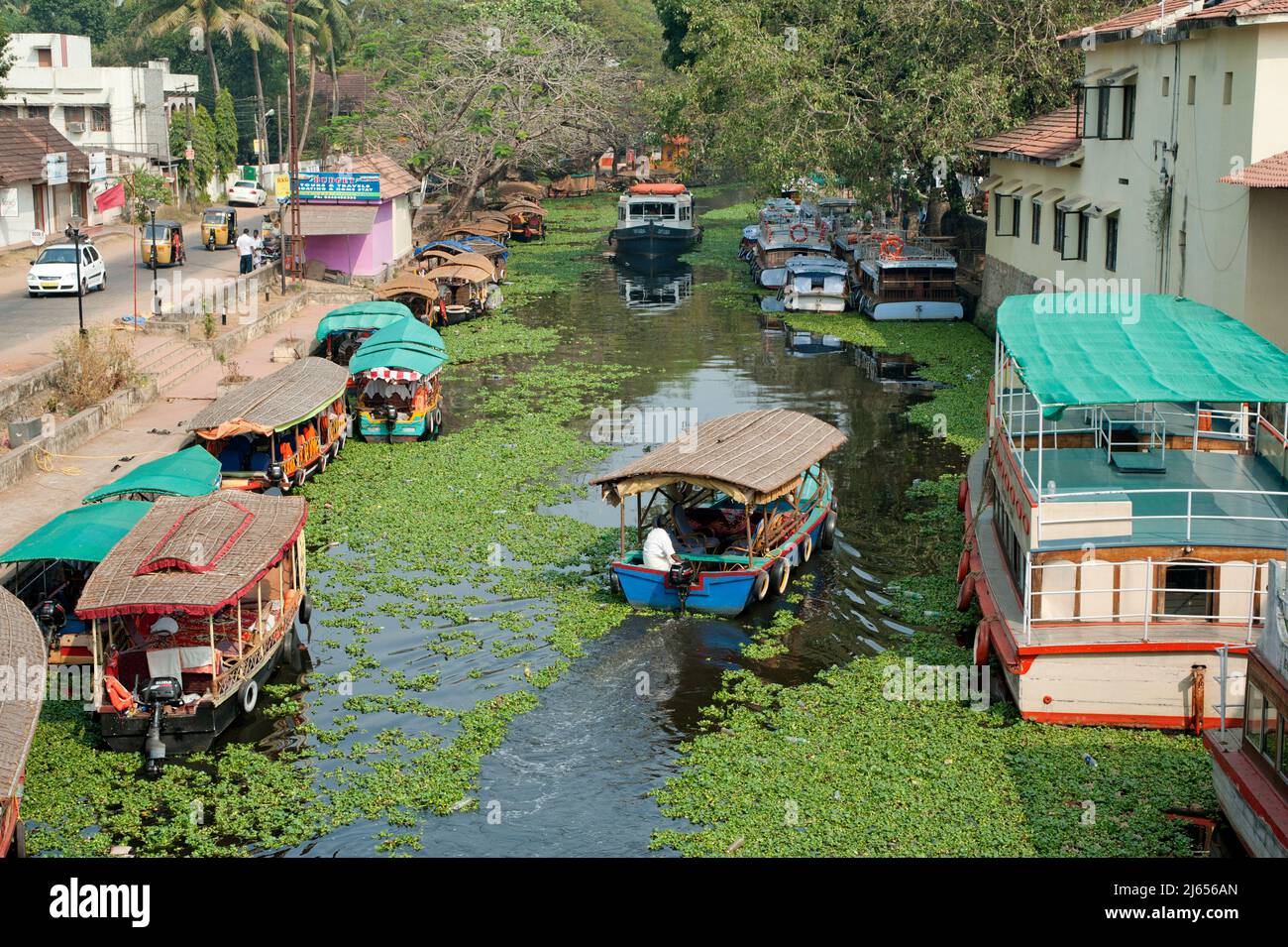 Transport by ferry boat through canal at Alappuzha state Kerala India ...