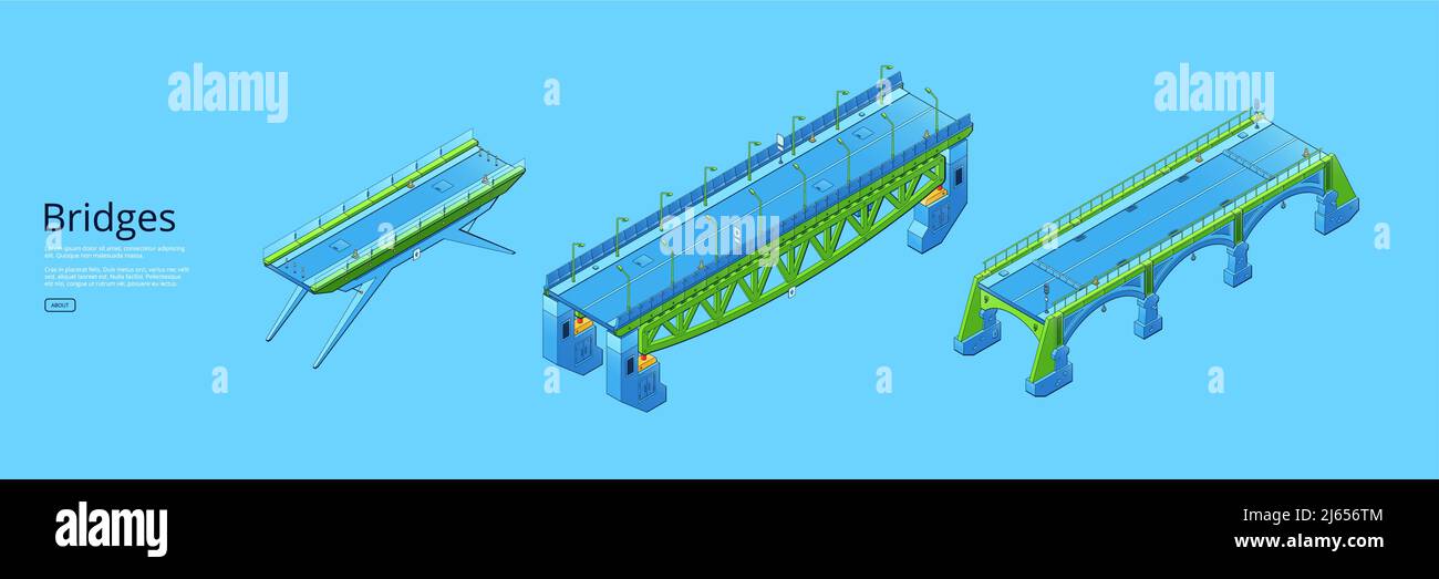 Poster with isometric bridges with car road over river, bay or canal ...