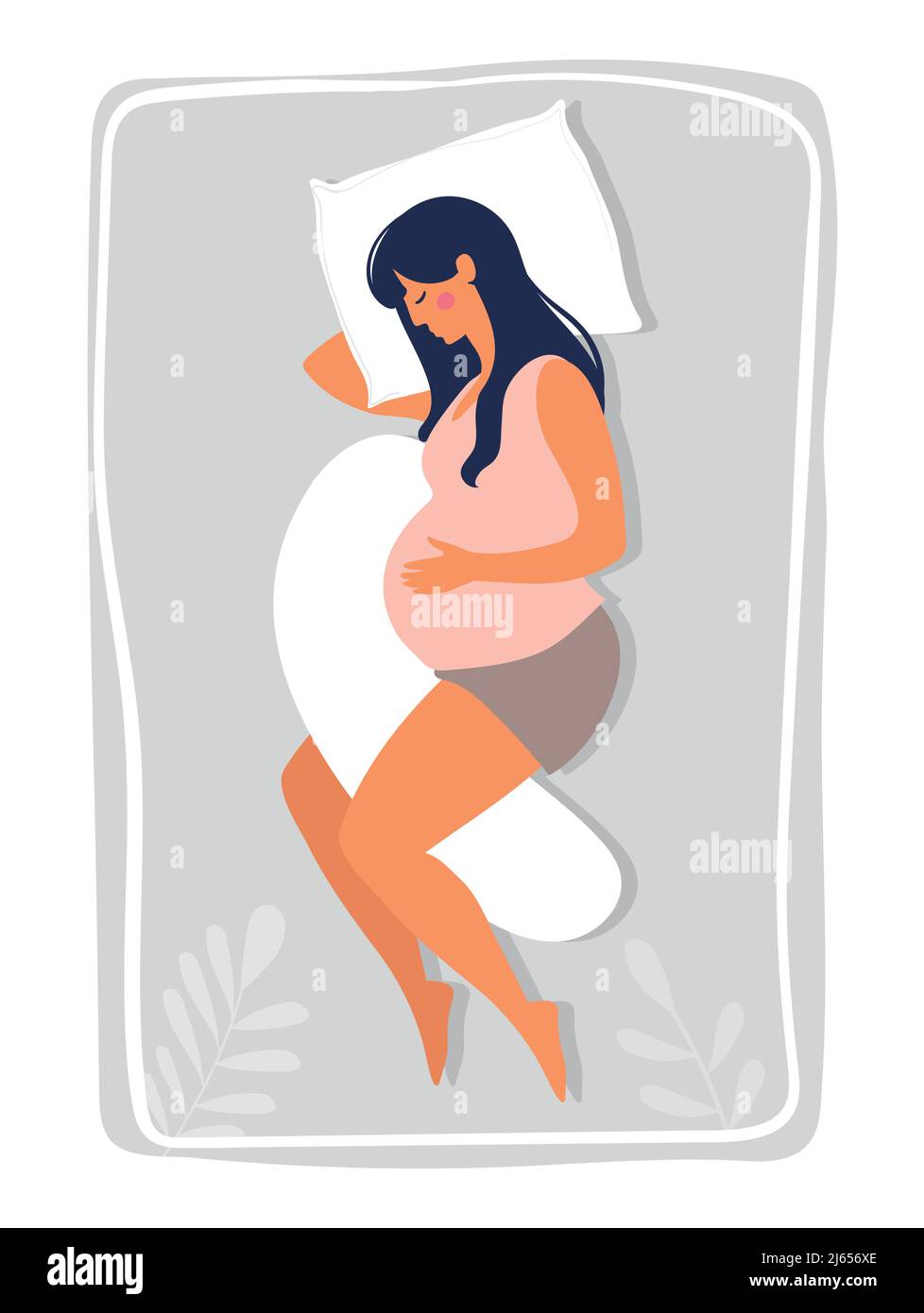 A pregnant woman sleeps on a bed with pillows. Pregnancy health and care. Vector illustration of ...