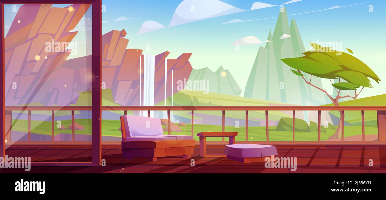 Home terrace with mountains and valley scenery view. Wooden table and ...