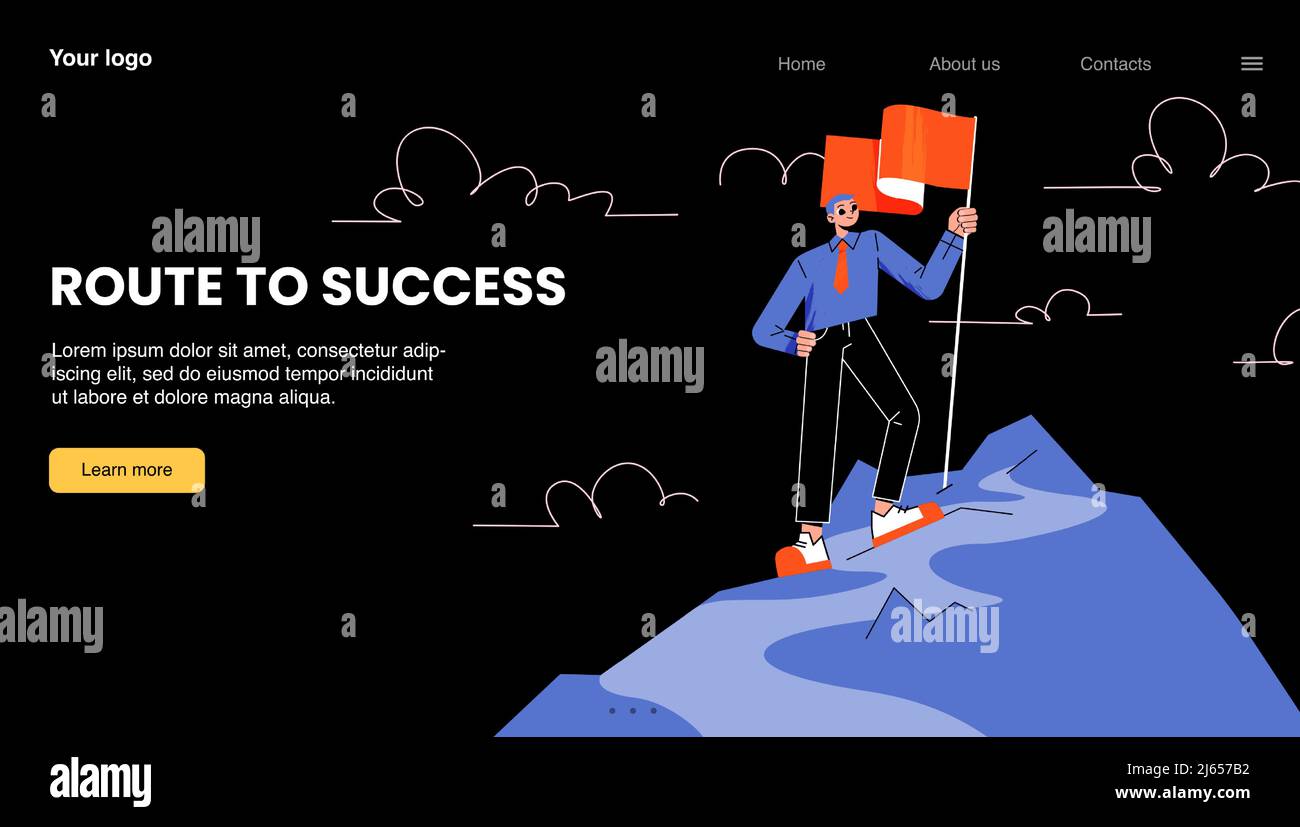 Route to success banner with man on top of mountain with red flag ...