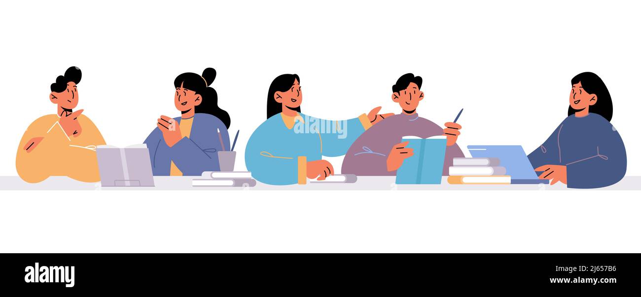 Group of students studying together, young girls and boys reading books ...