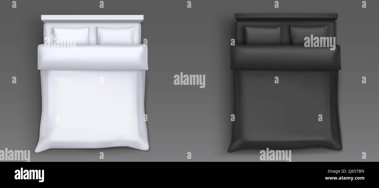 Double beds with black and white linen top view. 3d vector furniture ...
