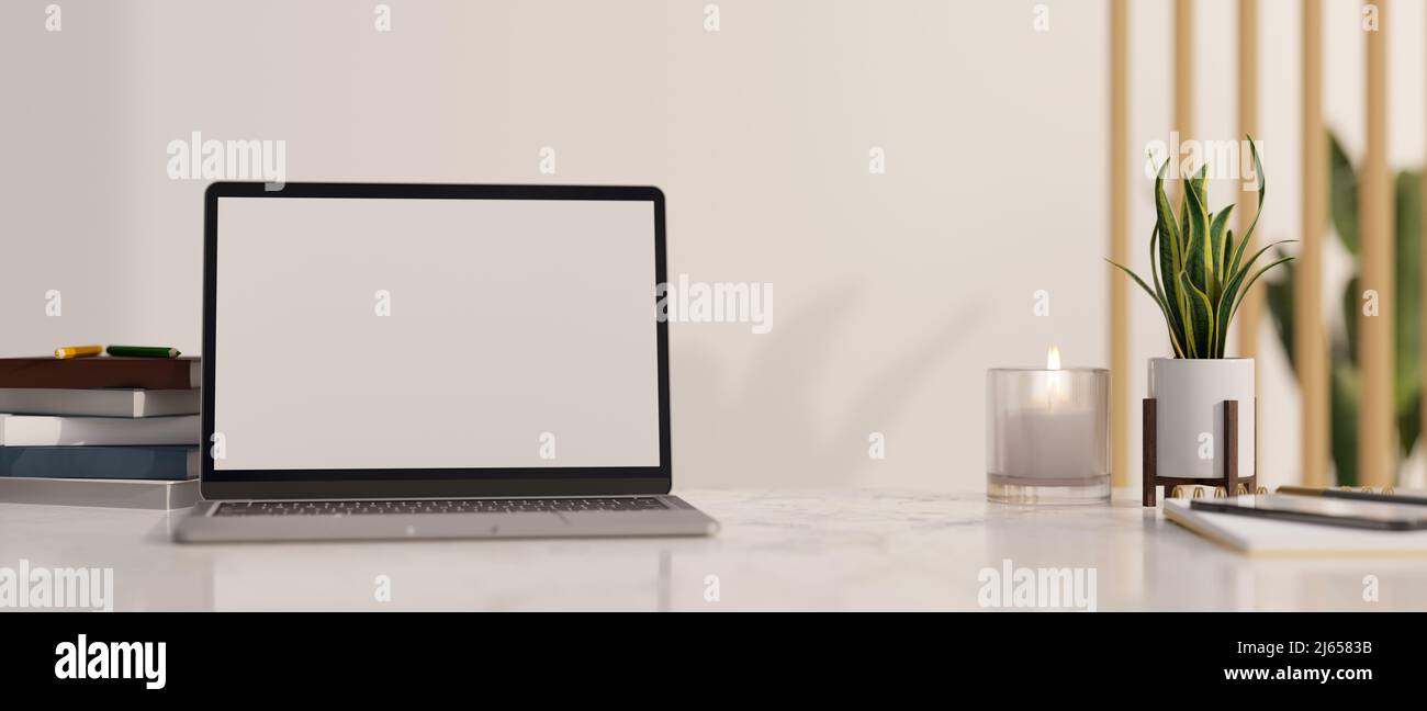 Close-up, Modern white table workspace with laptop computer white ...