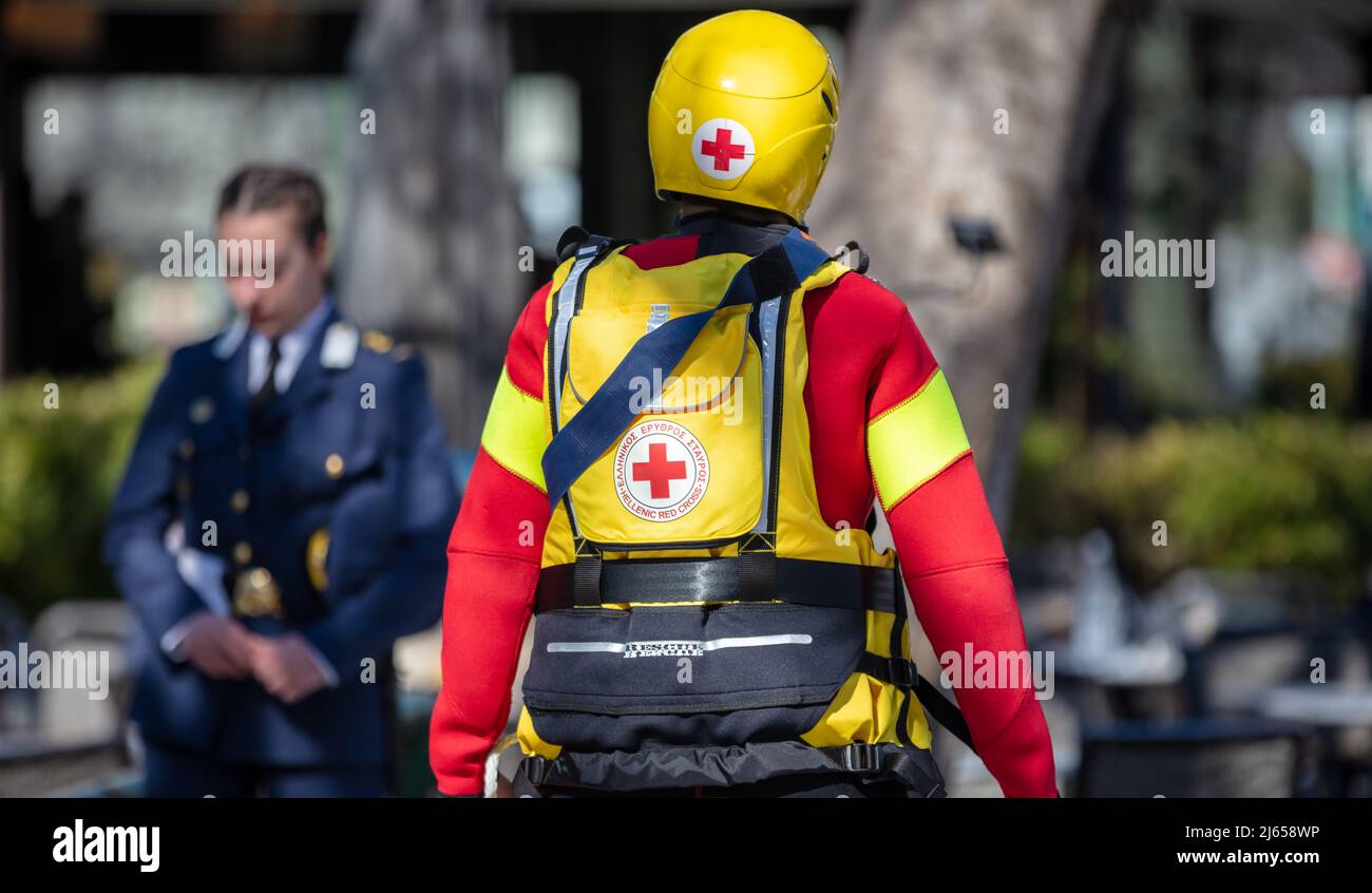 Greece Athens, March 25 2022. Volunteer of Hellenic Red Cross with full ...