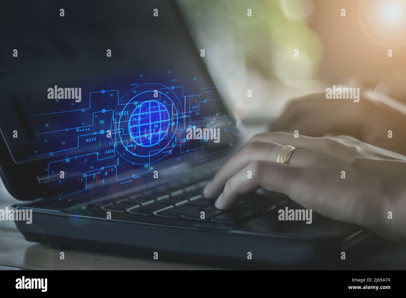 business people working on computers against technology background ...