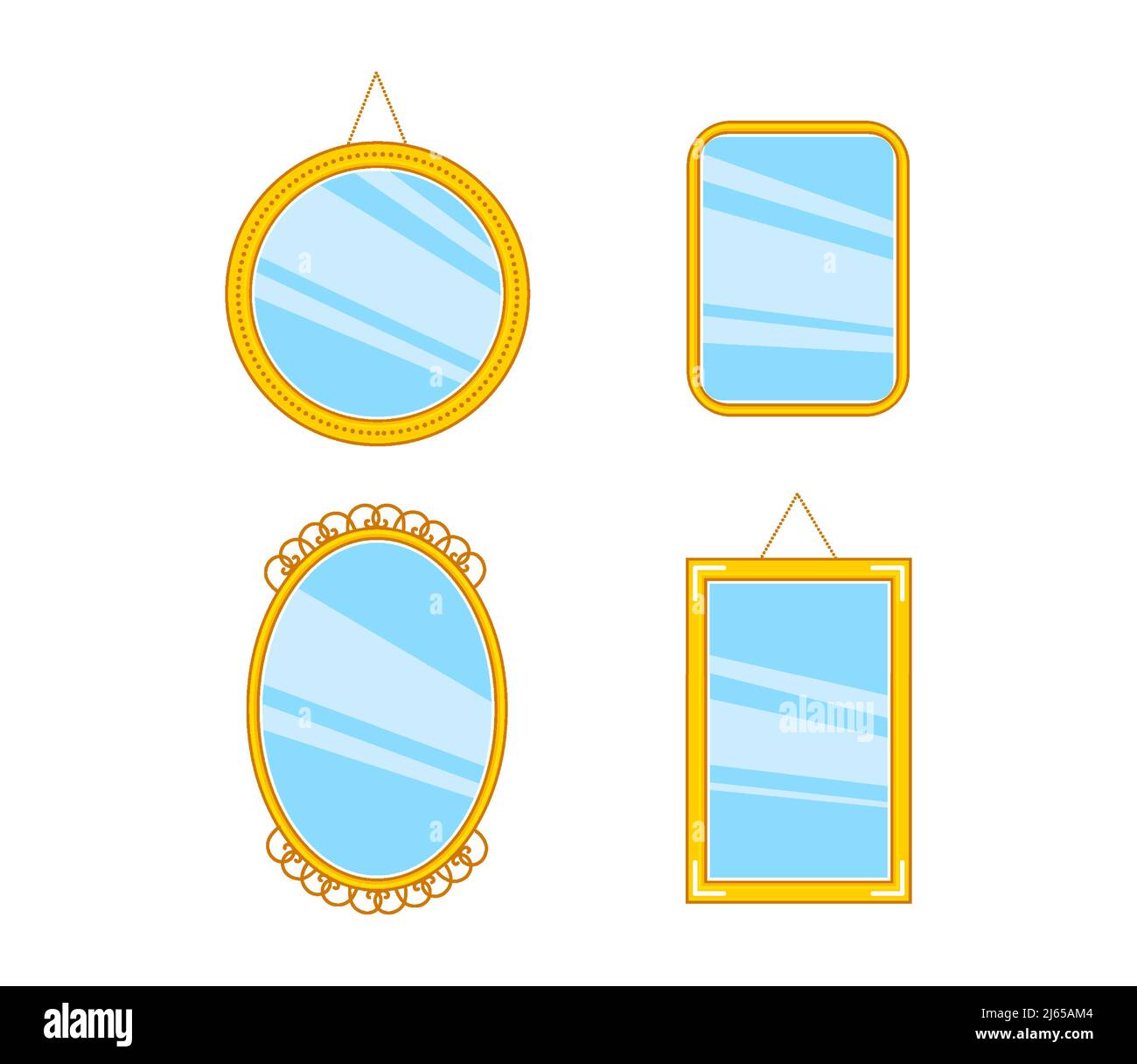 Set of diverse golden mirrors.Simple glass shapes.Vector flat ...