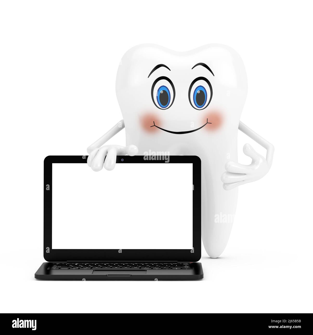 White Tooth Person Character Mascot with Modern Laptop Computer ...